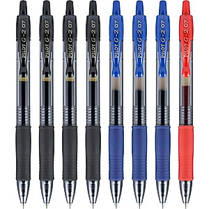 Pilot, G2 Premium Gel Roller Pens, Fine Point 0.7 mm, Blue, Black, Red, Pack of 8