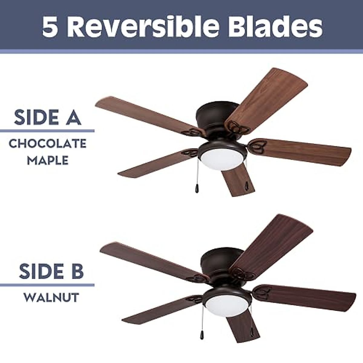 Prominence Home Benton, 52 Inch Traditional Flush Mount Indoor LED Ceiling Fan with Light, Pull Chains, Dual Finish Blades, Reversible Motor - 51429-01 (Bronze)