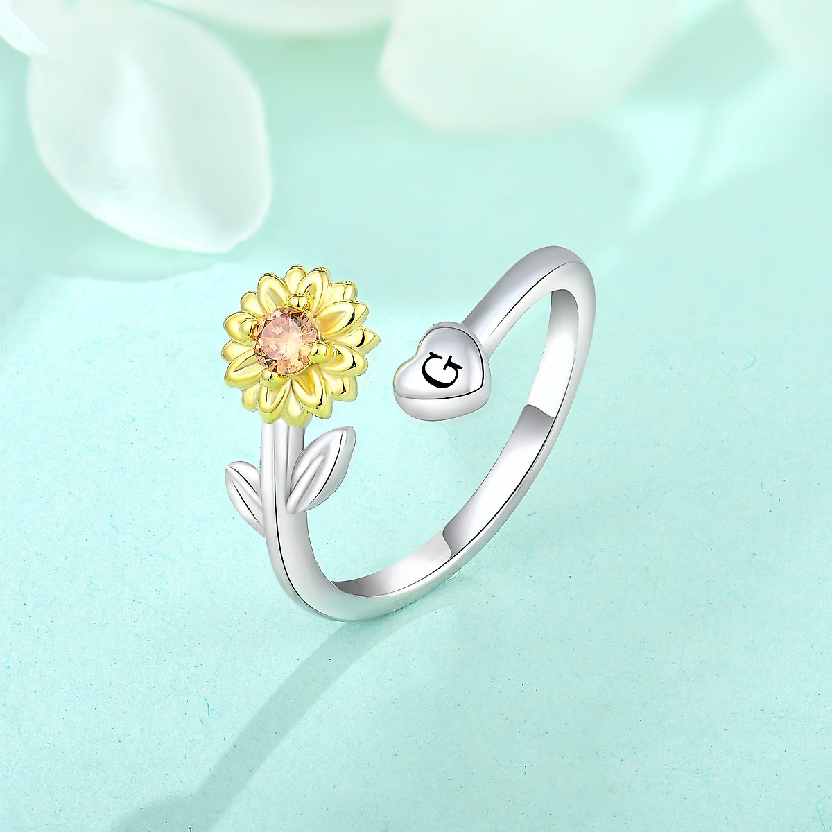 STARCHENIE Sunflower Initial Ring for Women 925 Sterling Silver Letter G Alphabet Adjustable Ring Size 7