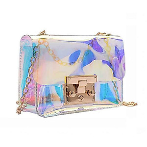 Holographic Clear Purse Crossover Shoulder Messenger Bag Laser Sling Purse with Golden Chain, Transparent