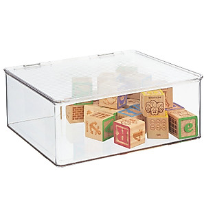 mDesign Plastic Stackable Rectangular Storage Bin, Drawer or Cabinet Organizer with Lid, Container Box for Organizing Electronics, Crayons, Puzzles, Games, Toys - Ligne Collection - 2 Pack - Clear