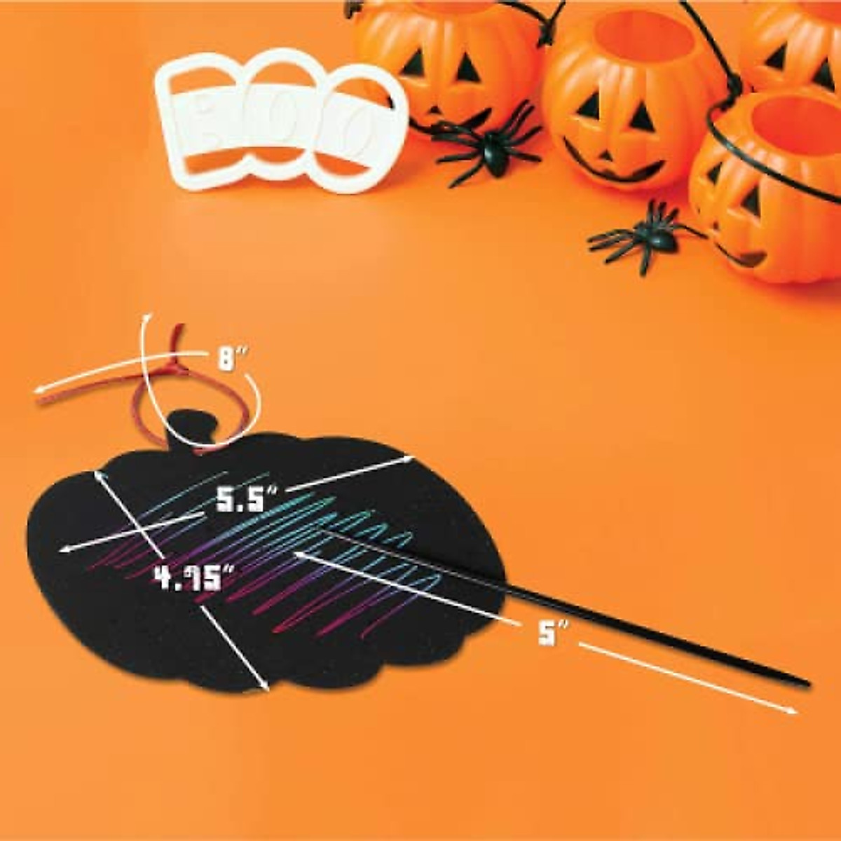 Neliblu Halloween Scratch Art Trick or Treak Paper Crafts Kit Bulk Pack of Halloween Pumpkins with Magic Rainbow Colors - 24 Pumpkin Ornaments, 24 Scratch Sticks, 24 Ribbons