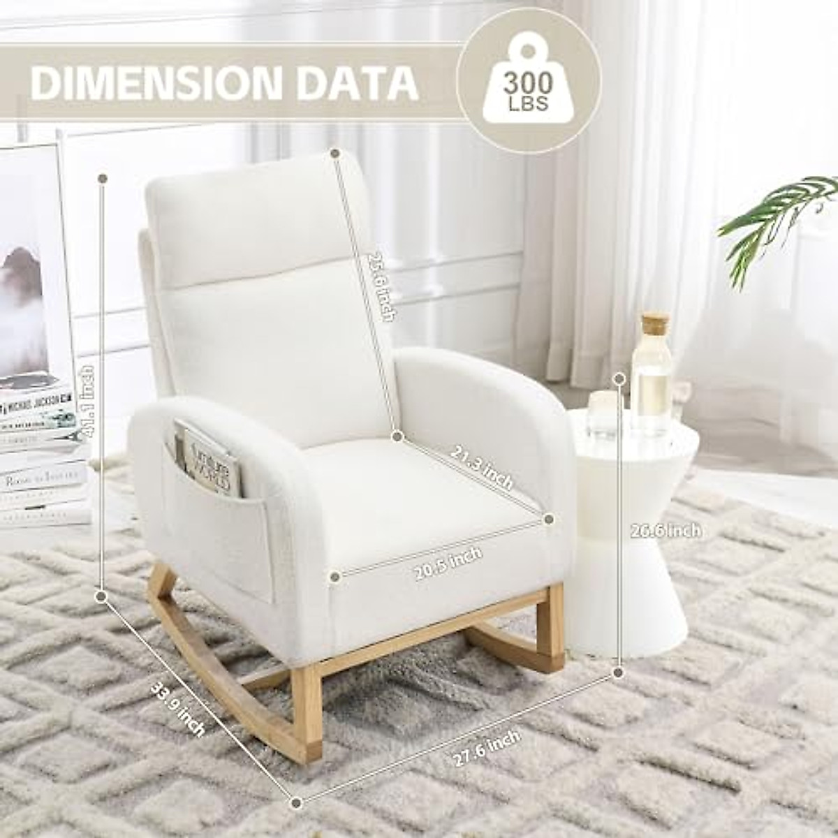 JEEOHEY Rocking Chair Nursery,Teddy Fabric Upholstered Baby Glider Rocker Chair,Comfy Accent Arm Chair with Side Pockets&Solid Wood Legs,Modern Nursing Single Sofa Chair for Living Room,Bedroom(White)