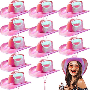 Coume 12 Pcs Neon Sparkly Glitter Cowgirl Cowboy Hat for Women Girl Holographic Cowboy Hat Bulk for Bachelor Halloween Party(Pink,Stylish Style)
