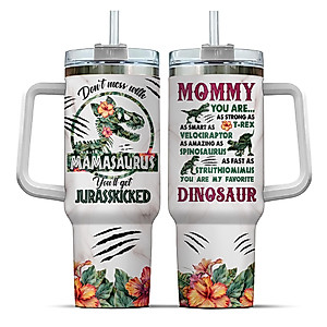 9SUNFLOWER Mamasaurus Stainless Steel Dinosaur Insulated Cup With Floral Straw Lid, Handle, 40 Oz Tumbler, Mommy Dinosaur Gift