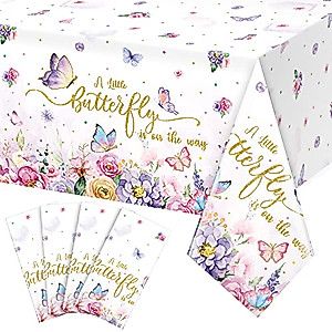 4 Pack Butterfly Baby Shower Tablecloth, Little Butterfly is On The Way Baby Shower Decorations, Plastic Disposable Rectangle Watercolor Butterfly Spring Themed Tablecloth Backdrop Party Decorations