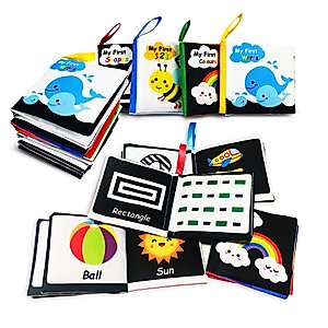 AMINFUN Soft Cloth Baby Book Toy 0-6 Months, Black White Baby Learning Book(Pack of 4),Touch and Feel Crinkle Book Infants 6-18 Months,Early Educational Toy 0-3 Months, Gift for Babies Infants
