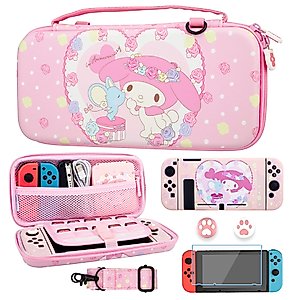 GLDRAM Pink Carrying Case for Nintendo Switch, Cute Anime Accessories Bundle for Cute Girl with Switch Travel Storage, Soft TPU Cover Shell, Screen Protector, Thumb Caps, Shoulder Strap for Girls