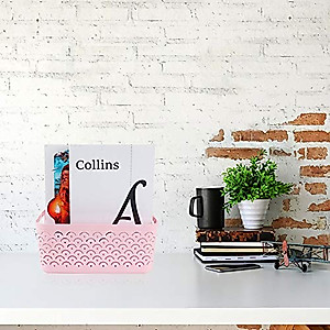 STARVAST 5 Pack Plastic Storage Baskets, Portable Pink Fish Scale Pattern Hollow Desktop Storage Bin Box with Handle for Kitchen, Bathroom, Kids Room or Nursery Storage – 9.4 x 7.1 x 4.1 inches