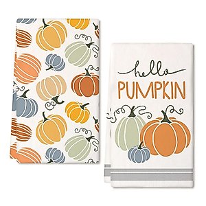 ARKENY Fall Kitchen Towels for Fall Decor, Hello Pumpkin Orange Autumn Dish Towels 18x26 Inch Set of 2,Farmhouse Home Thanksgiving Harvest Vintage Decorations AD362