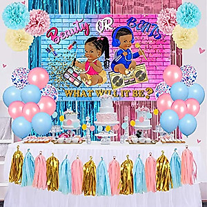 Gender Reveal Decorations,Gender Reveal Party Supplies,Beauty and Beats Reveal Backdrop Sign for Navy and Blush Baby Shower Party Supplies
