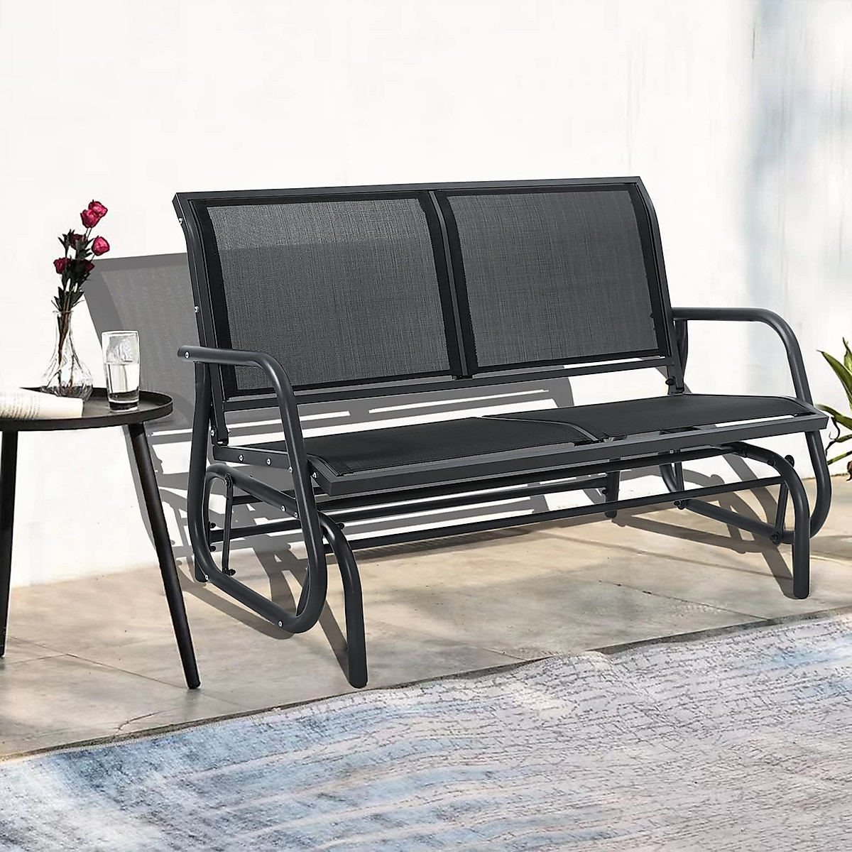 KROFEM Patio Outdoor Glider Bench, High Backrest and Breathable Mesh Fabric, Yard Porch Loveseat, Outside Rocking Swing Chair, Heavy Duty Metal, Clearance, Black