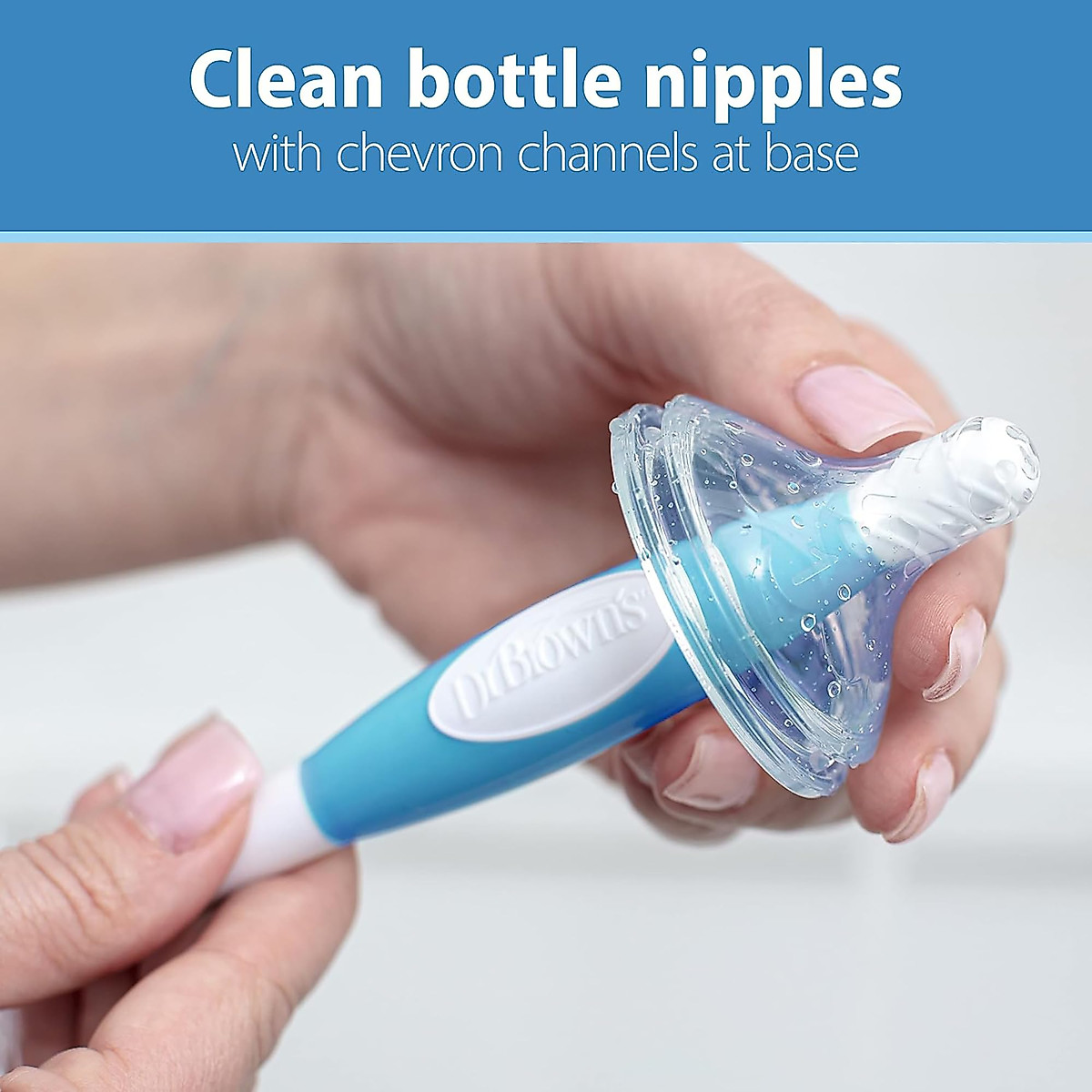 Dr. Brown's Reusable Sponge Baby Bottle Cleaning Brush Set with Suction Cup Stand, Scrubber and Nipple Cleaner, Blue 3-Pack