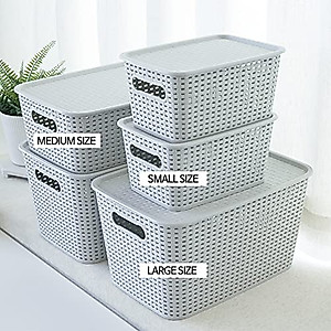 MBKO Plastic Storage Basket Bins - Stackable Pantry Organizer Container (Medium_White_6PK)