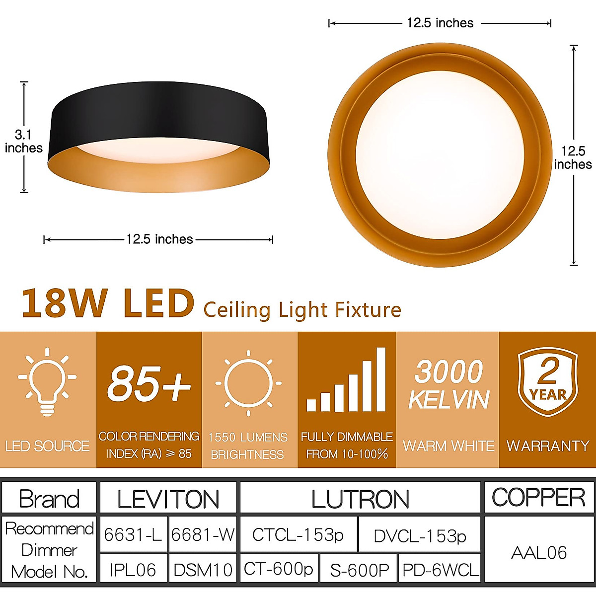 Bargeni Flush Mount Ceiling Light,12.5 inch LED Ceiling Light Fixture,Matte Black with Gold Inside,3000K/Warm White/18W(100w Equiv.),Dimmable Outdoor Lighting Fixtures Ceiling for Bedroom and Hallway