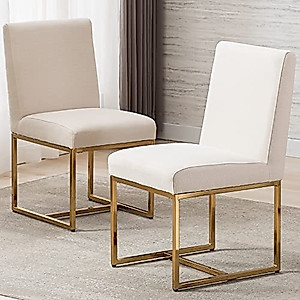 Set of 4 Linen Upholstered Dining Room Chairs, Mid Century Modern Fabric Chair for Dining Room, with Golden Finish Metal Frame, Cream