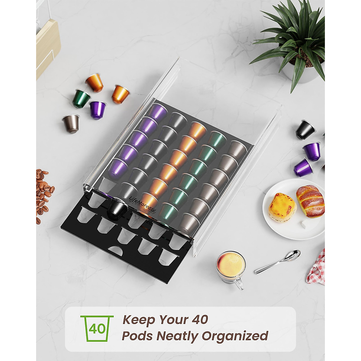 Storage Drawer for Nespresso OriginalLine Coffee Pod Holder for Counter Acrylic Coffee Capsule Organizer - 40 Pods