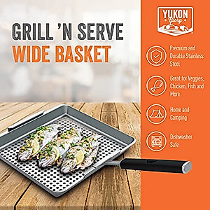 Yukon Glory BBQ 'N Serve™ Wide BBQ Grill Basket The Grilling Basket Includes a Clip-On Handle - Perfect Grill Baskets for Outdoor Grill Vegetables or Fish Basket & Meat