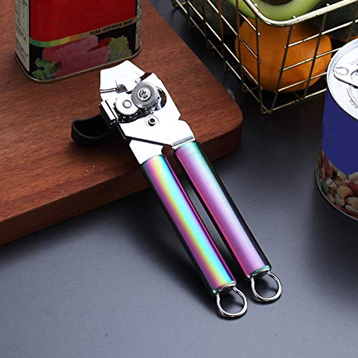 Berglander Can Opener, Stainless Steel Rainbow Handle Can Opener, Titainium Colorful Plating Handle Can Opener Hand Held, Smooth Edge Manual Can Opener, Heavy Duty (Rainbow)