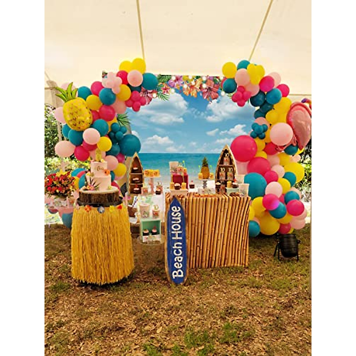 Summer Hawaii Beach Backdrop 7x5FT Aloha Tropical Palm Flower Blue Sky Ocean Surfboard Hawaiian Photography Background Baby Shower Birthday Party Decor Luau Photoshoot Tiki Photo Booth Props