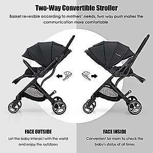 BABY JOY Baby Stroller, Front Rear Facing Toddler Carriage w/Convertible Seat, Cup Holder, 5-Point Harness, Adjustable Handle/Canopy/Backrest, Storage Basket, One-Step Brake Foldable Stroller (Black)