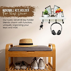 Rooty Heart Windmill Key Holder Wall Mount, Decorative Wall Mounted Key and Mail Holder with Shelf, Wall Decor, Farmhouse Wall Decor, 4 Rustic Key Hooks for Coats & Keys, White Key Holder for Wall