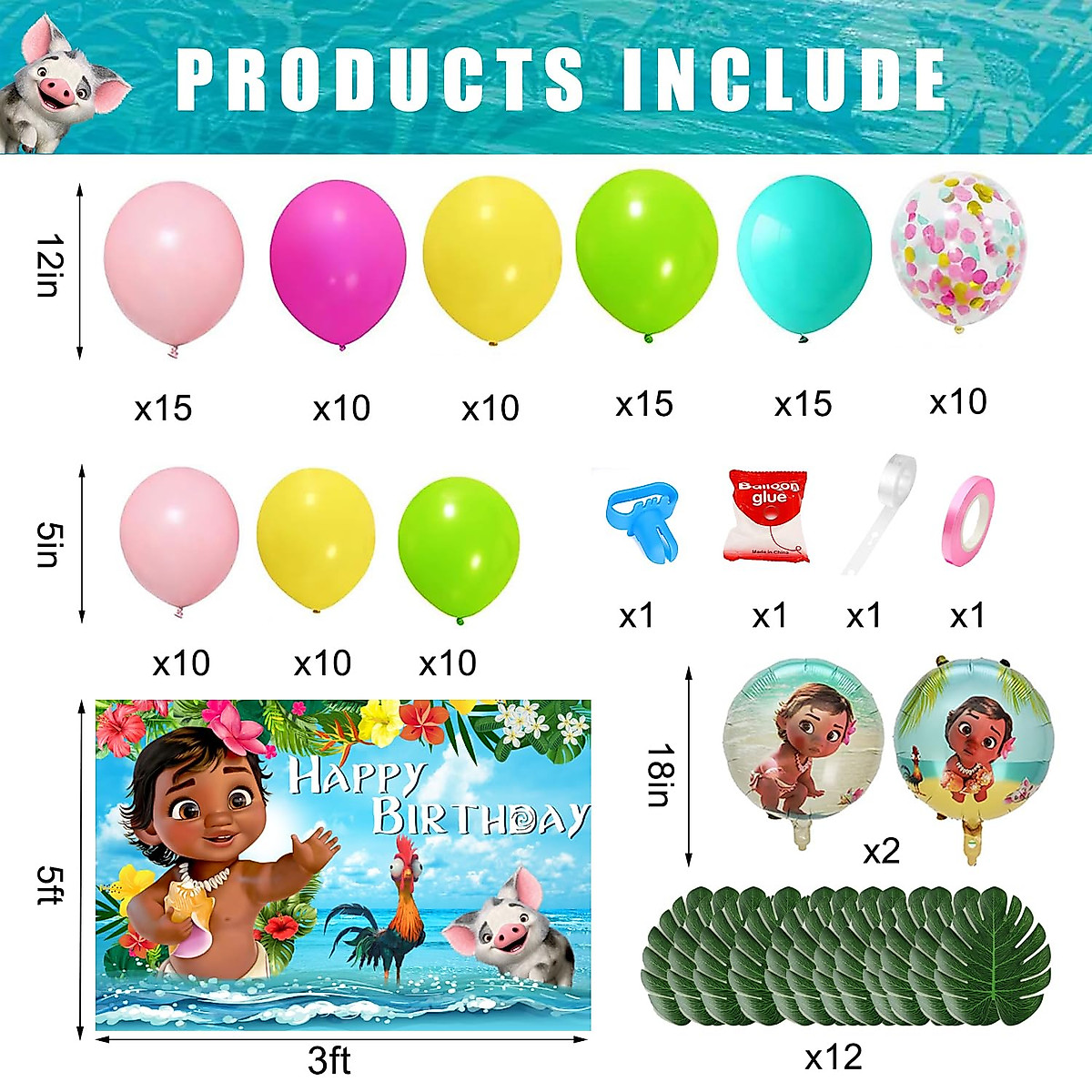 124 PCS Moana Birthday Party Decarotion Supplies,Moana Balloon Garland Arch Kit Baby Moana Banner for Hawaii Moana Theme Birthday Party Supplies Baby Shower Party Decorations
