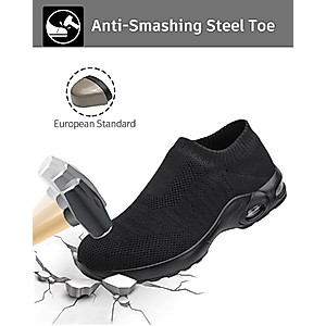 Steel Toe Shoes for Women with Arch Support, Lightweight Comfortable Work Safety Shoes Slip Resistant Indestructible Sneakers, All Black 38.5