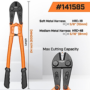 KSEIBI 141585 Heavy-Duty Medium Size Bolt Cutter 24" for Cutting Fence, Steel Wire, Chain, Screws, Rivet, and Medium Padlock, with Soft Grip Rubber Ergonomic Handle Cutters