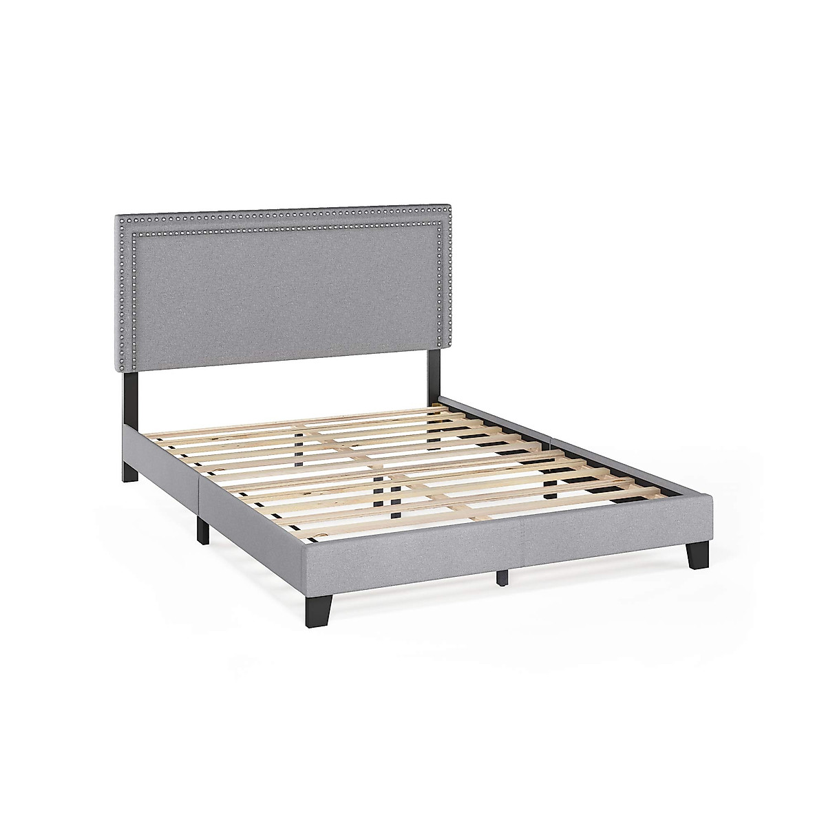 Furinno Laval Double Row Nail Head Upholstered Platform Bed Frame, Queen, Glacier