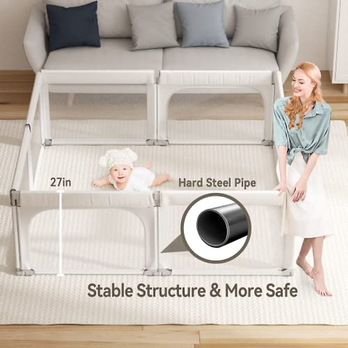 Baby Playpen with Mat,70"x70" Extra Large Baby Playpen for Babies and Toddlers,Kids Playard Activity Center with Anti-Slip Design,Zipper Gates with Visible Mesh,Hand Rings