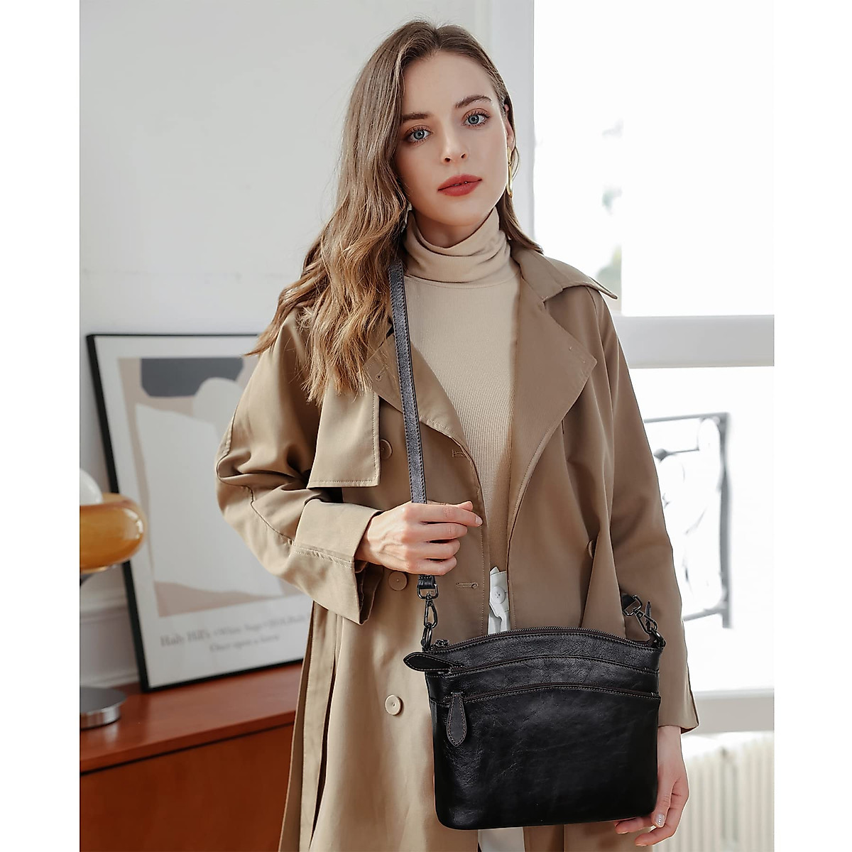 HESHE Crossbody Purses for Women Genuine Leather Purses and Handbags Designer Satchel Purses with Multi-Pockets Vintage Small Shoulder Bags Ladies Hobo Bag (Black)