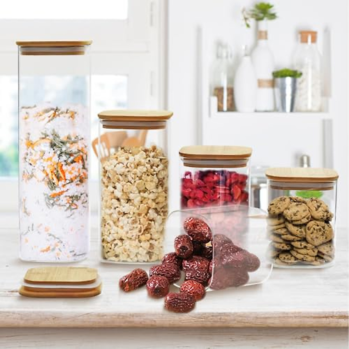 XHKDSYMC 5 Pack Glass Food Storage Jars, Clear Glass Canister Food Jar with Bamboo Wooden Lid Food Storage Container for Sugar, Pasta, Snack, Coffee Beans, Cookies, Nuts, Coffee Beans