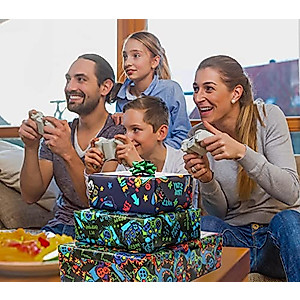 BOLIANNE Gaming Birthday Wrapping Paper for Boys Girls Kids with Cut Lines, 6 Large Sheets Video Game Gift Wrap for Game Lover, 27 x 37 Inches, High Gloss