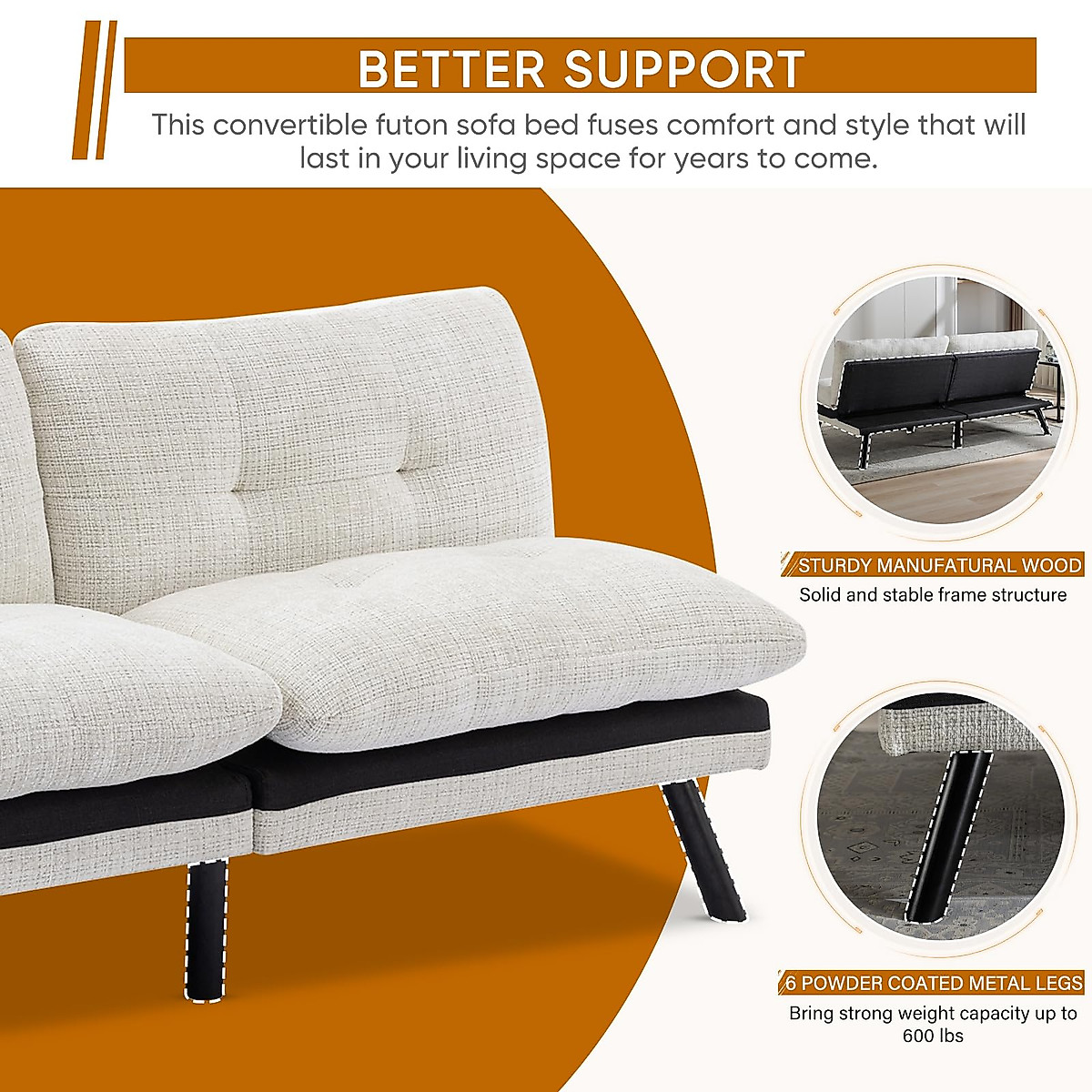 Futon Sofa Bed, Convertible Sleeper Couch Memory Foam Small Splitback Loveseat for Living Room, Upholstered Love Seat with Adjustable Backrest and 6 Metal Legs, Thicker Cushion Version (Creamy White)