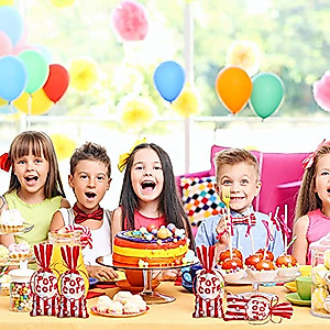 100 Pieces Popcorn Cellophane Bags Carnival Goodie Bags Red and White Stripe Treat Bags with A Roll of Red Ribbon for Chocolate Candy Snacks Cookies Carnival Birthday Party Supplies