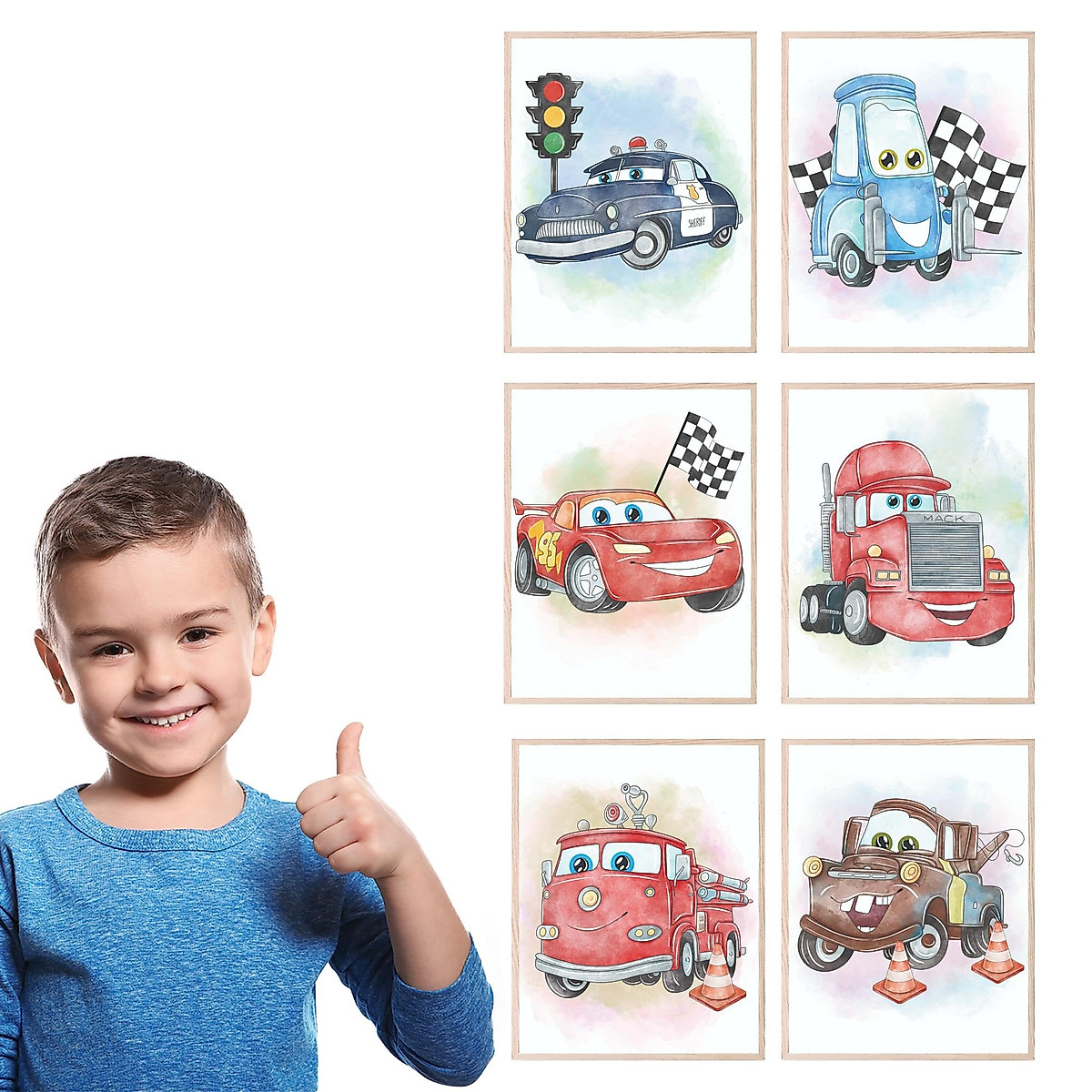 BigWig Prints Cars Poster Set - Cars Room Decor for Boys And Girls, Lightning Mcqueen Room Decor, Wall Art for Kids Bedroom, Sheriff Guido Lightning McQueen Mack Red Mater - 9 Pack (8x10”) Unframed