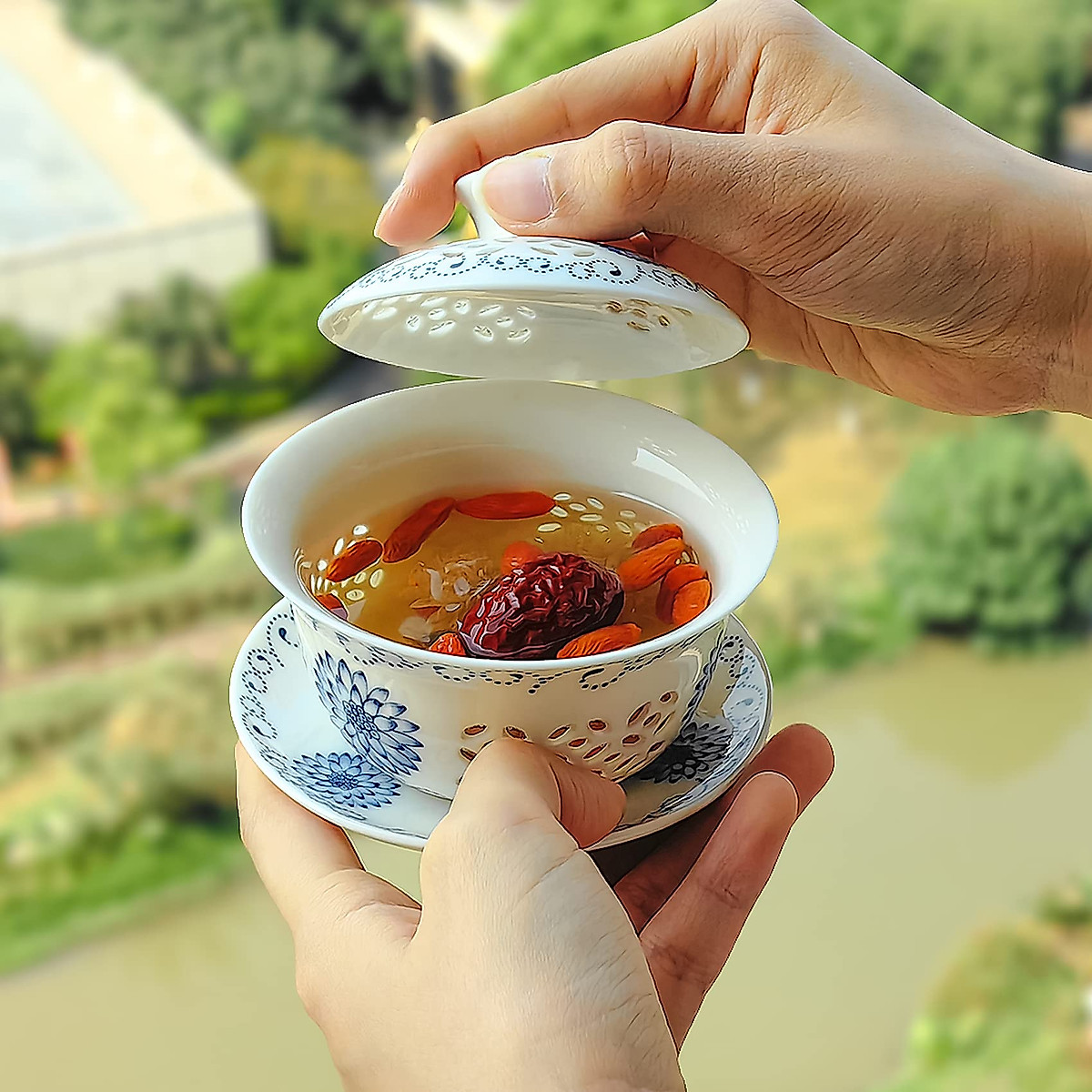 Ceramic Gai Wan Tea Cup, Gaiwan For Chinese Traditional Gong Fu Tea Ceremony To Brew Loose Oolong Bags or Flower GW-W5 (Sunward flower)