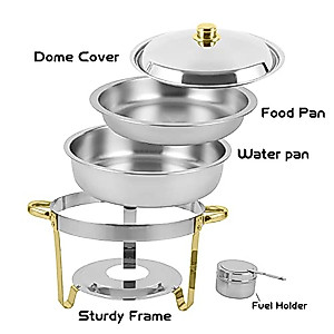 Restlrious Chafing Dish Buffet Set Round Stainless Steel 5QT Chafers and Buffet Warmers Sets for Catering, Complete Set with Water Pan, Food Pan, Fuel Holder and Lid in Gold Accents, 3 Pack