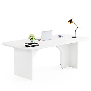 Tribesigns 62.99" Large Desk, Modern Home Office Computer Desk for 1-2 Person, Minimalist Double PC Writing Table Study Desk Executive Desk with Arch Design Legs, Cream White