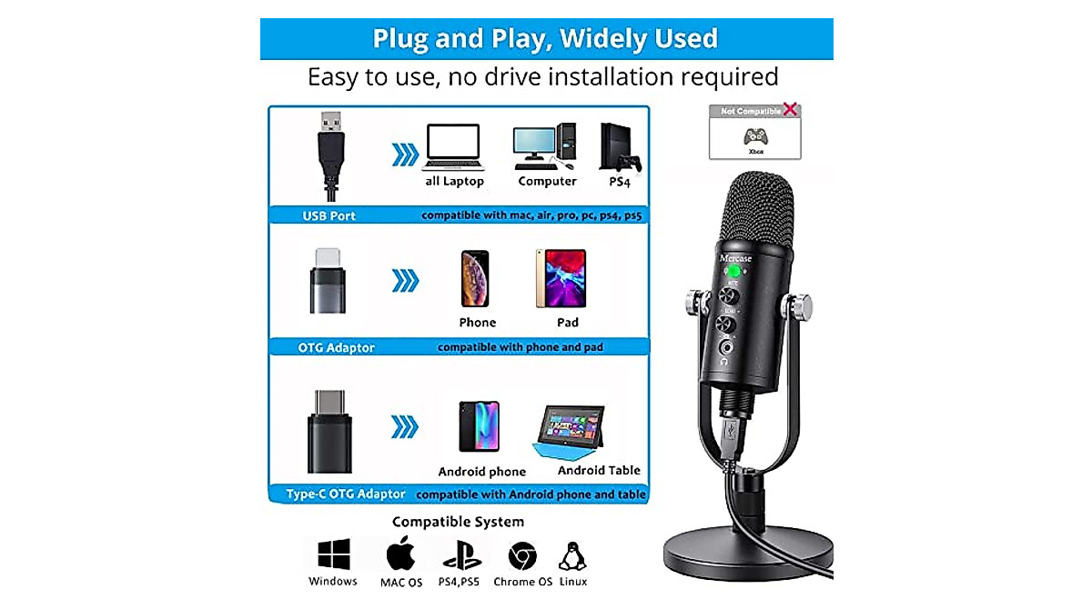 Mercase USB Microphone with Adjustable Mic Arm Stand