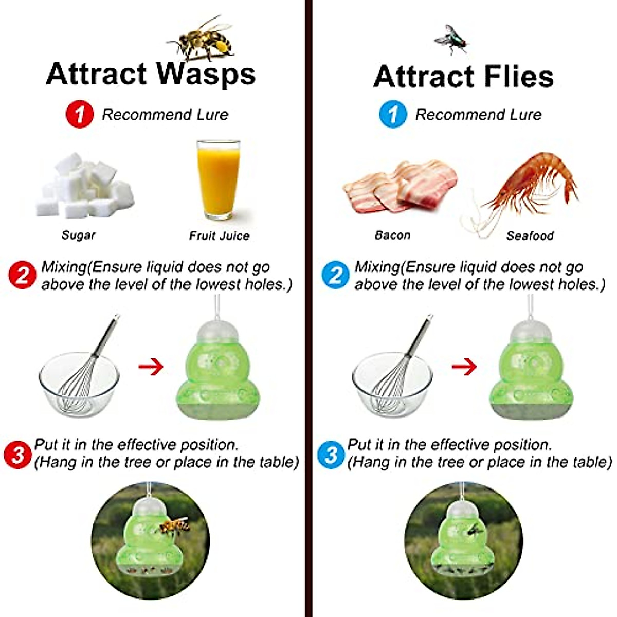 Green Plastic Wasp Trap,Outdoor Hanging for Garden, Yard,2 Pack(with S Hooks &Screw Hooks)