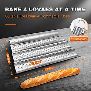 Walfos French Bread Baking Pan, Non-stick Perforated French Baguette Bread Pan, 4 Wave Loaves Loaf Bake Mold Toast Perforated Cooking Bakers Molding (Silver
