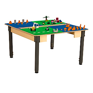 Wood Designs Time-2-Play Kids Birch Plywood Square Lego Compatible Play Table Large 35” x 31” Surface with 18”-29” Adjustable Legs, Montessori Building Blocks Desk with Trough [Blue and Green]