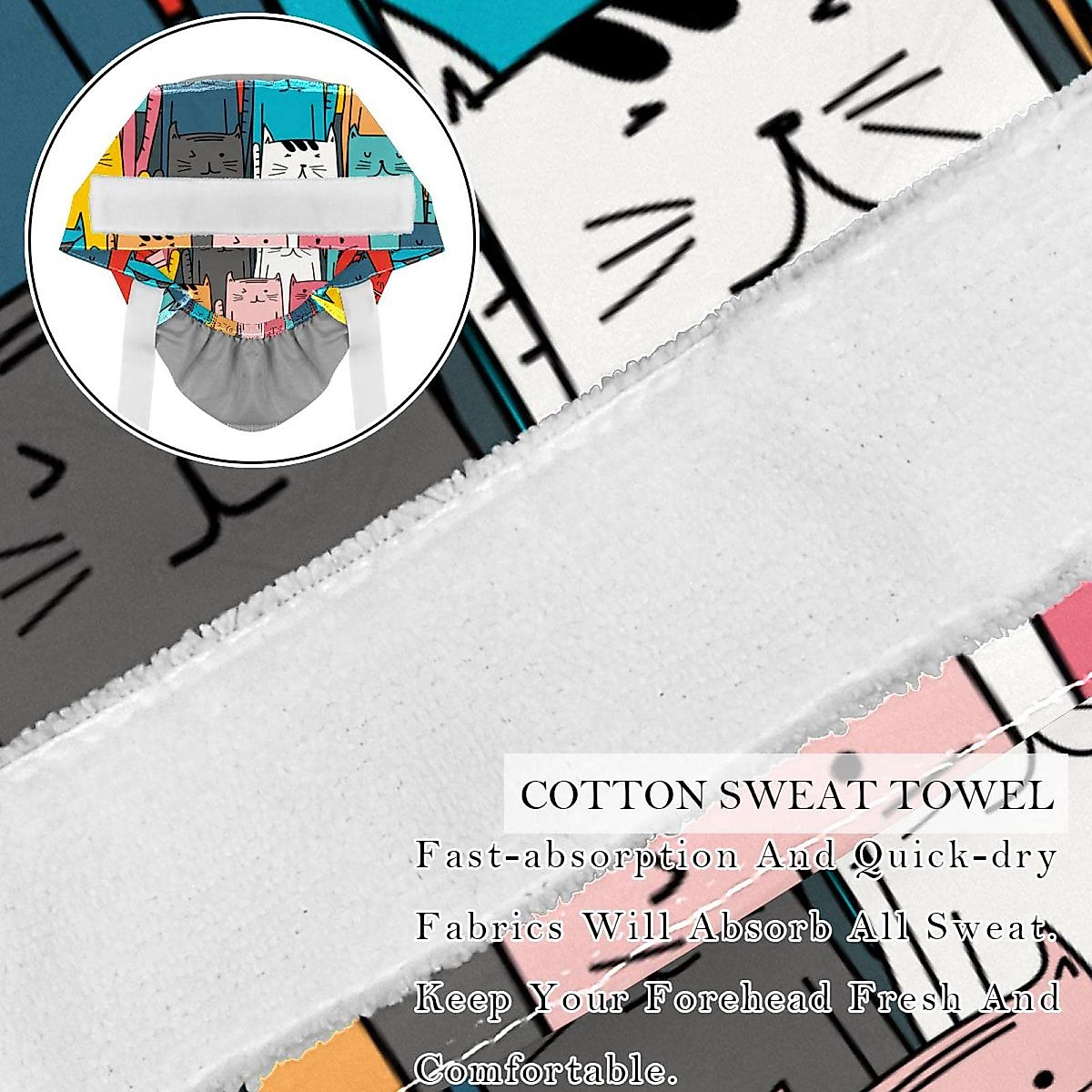 Cute Colorful Cartoon Cat Heads Pattern Working Caps with Buttons, Long Hair Scrub Hats Ponytail Holder for Women
