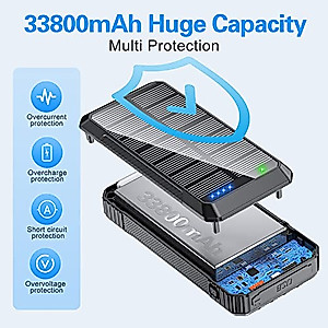 DJKK Solar Power Bank Wireless Charger 33800mAh Built in 4 Cables and LED Camping Lights 22.5W Fast Charging Power Bank 7 Outputs 4 Inputs Portable Charger Compatible with All Mobile Devices