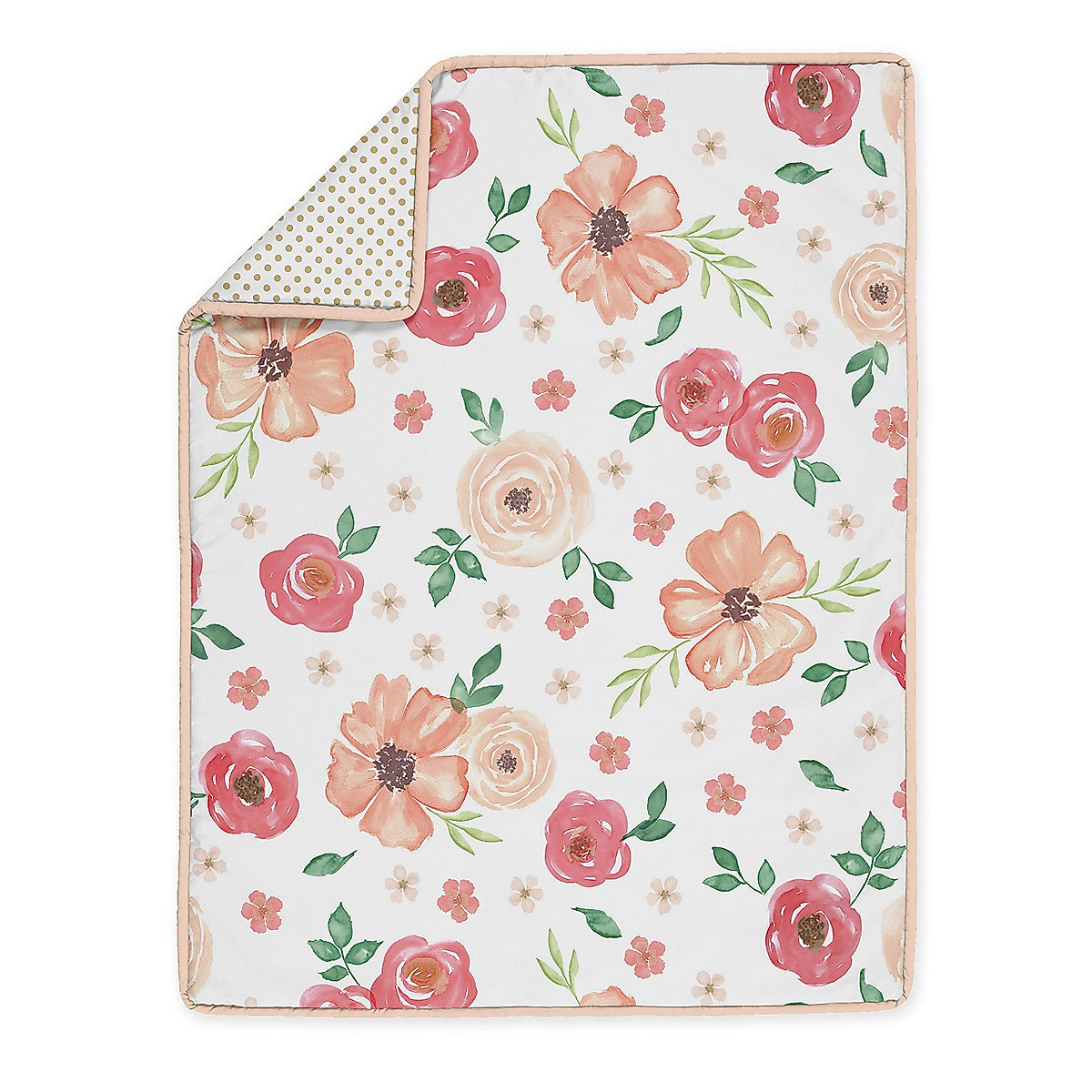 Sweet Jojo Designs Peach and Green Shabby Chic Watercolor Floral Baby Girl Crib Bedding Set - 4 pieces - Pink Rose Flower Polka Dot