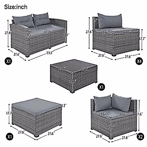 Cotoala 9-Piece Outdoor Patio Large Wicker Sofa Set, PE Rattan Conversation Sectional Couch with Ottoman and Glass Coffee Table for Garden, Backyard, Porch and Poolside, Grey
