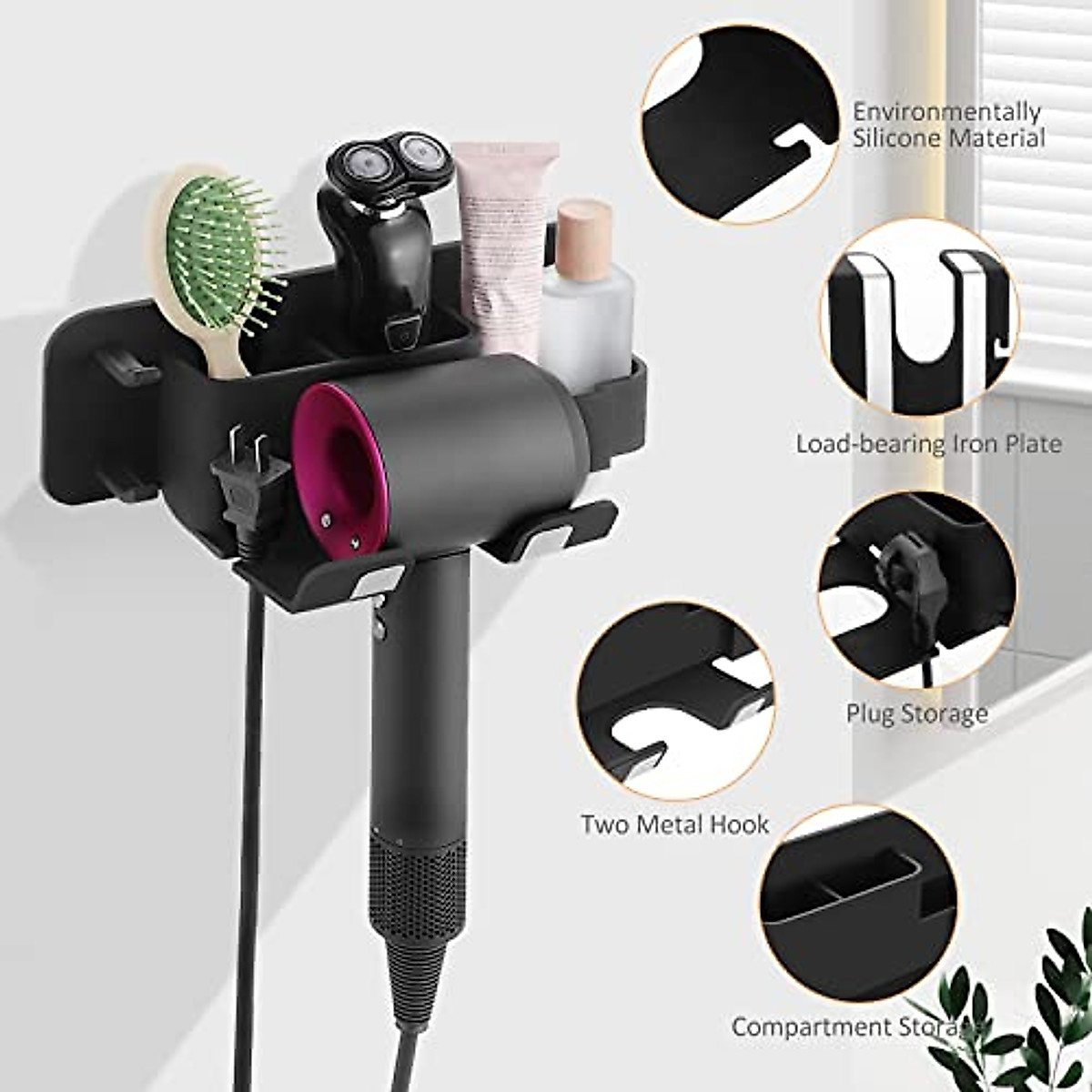 Hair Dryer Holder Wall Mounted - Bathroom Hair Tools Organizer with Hooks and Cup for Blow Dryer and Hair Straighteners - Bath Supplies Tray Stand Makeup Toiletries Storage Bracket for Space Saving