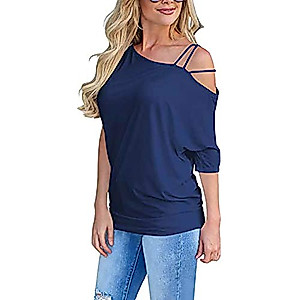 Bravetoshop Women Off The Shoulder Tops Short Sleeve Tunic T Shirts Summer Casual Loose Fit Blouse Tee Shirts (Navy,XL)